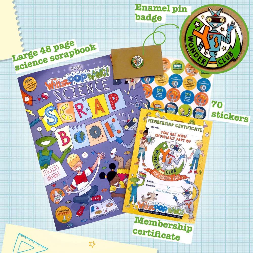 Awesome science pack for kids with a science scrapbook, enamel pin ...