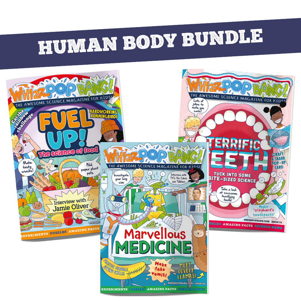 A bundle of three Whizz Pop Bang science magazines for kids on the ...